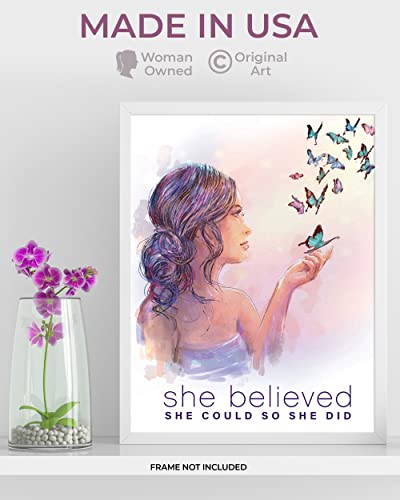 Inspirational 'She Believed She Could So She Did' Wall Art Poster Unframed, Positive Quotes Motivational Wall Decor for Women, Inspiring Girl & Butterflies Bedroom Wall Posters by Briteside Vibes