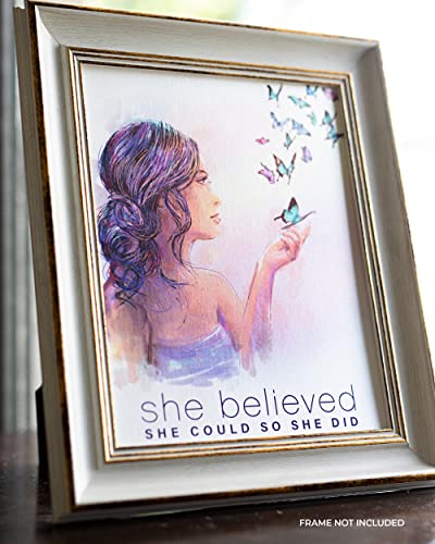 Inspirational 'She Believed She Could So She Did' Wall Art Poster Unframed, Positive Quotes Motivational Wall Decor for Women, Inspiring Girl & Butterflies Bedroom Wall Posters by Briteside Vibes