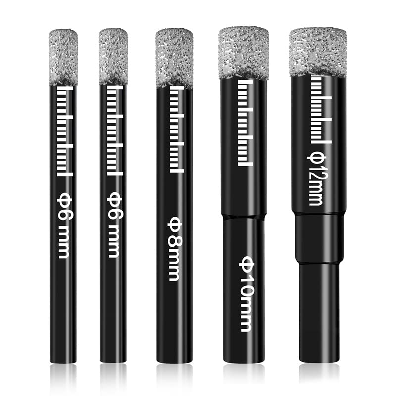 Dry Diamond Drill Bit 5PCS Stile Drill Bit Set for Granite Ceramic Marble Tile Stone Glass Hard Materials (Not for Wood), Round Shank 1/4, 5/16, 3/8, 1/2 Inch