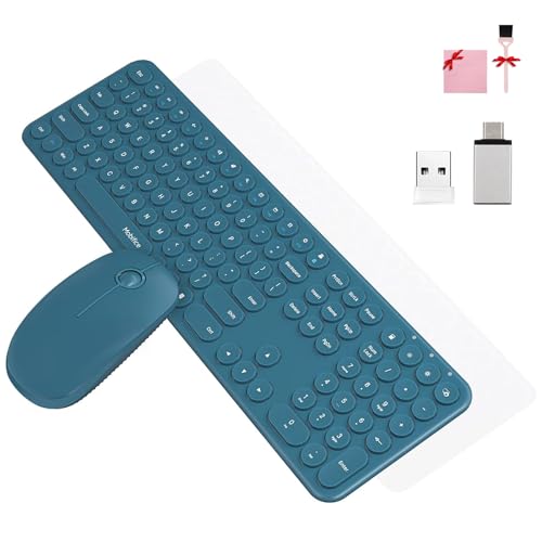 Mobifice Cute Keyboard and Mouse Wireless for PC Computer/Laptop/Windows/Mac/Tablets/Apple iPad, Ultra-Thin 2.4GHz USB Cordless Full-Sized Silent Retro Computer Keyboard Mouse Combo (Blue)