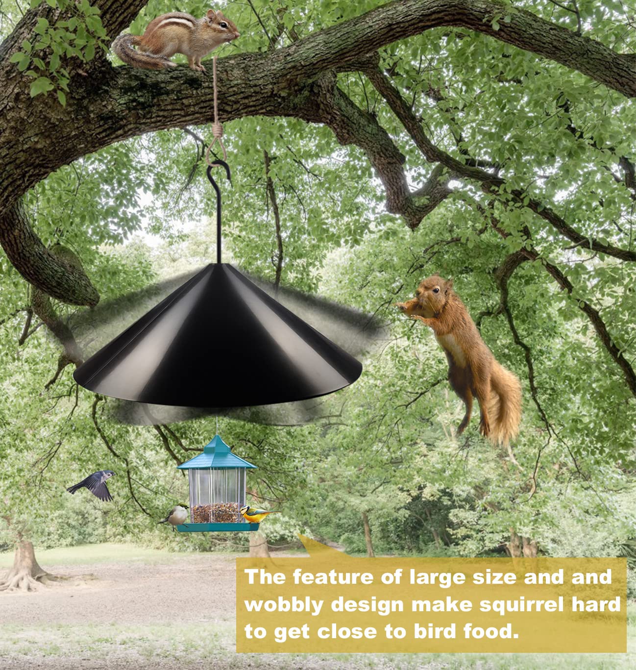 Queension Squirrel Baffle Wrap Guard Around Protects Hanging Bird Feeders for Outdoor Shepherd’s Hook, Save Bird Houses from Squirrels, Raccoons, and Rodents - Hang Mount 19 Inch 1pcs