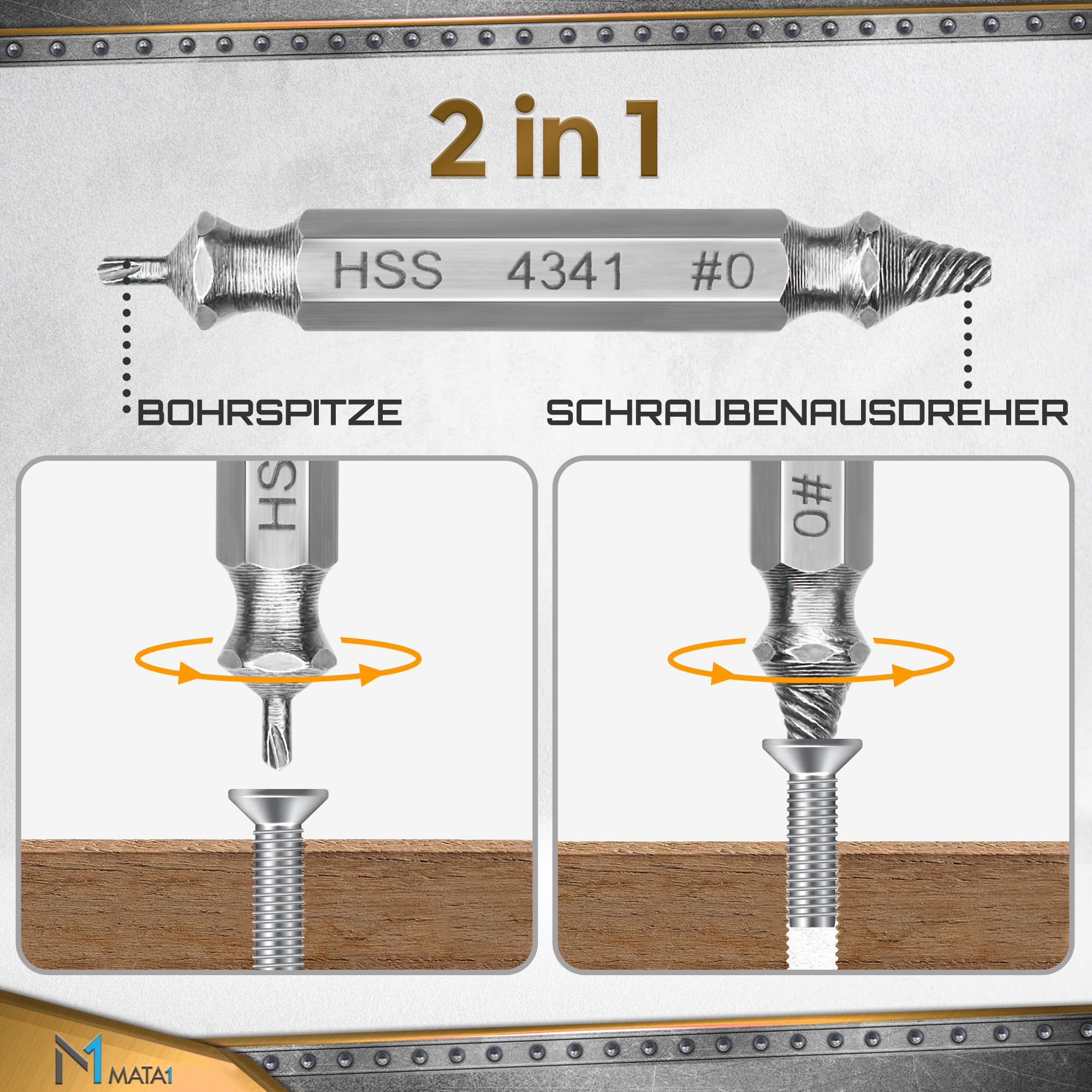 Mata1 Double-Sided Screw Extractor Set (6 pc, Stainless Steel), Stripped Screw Remover Drill Bits Kit w/Case