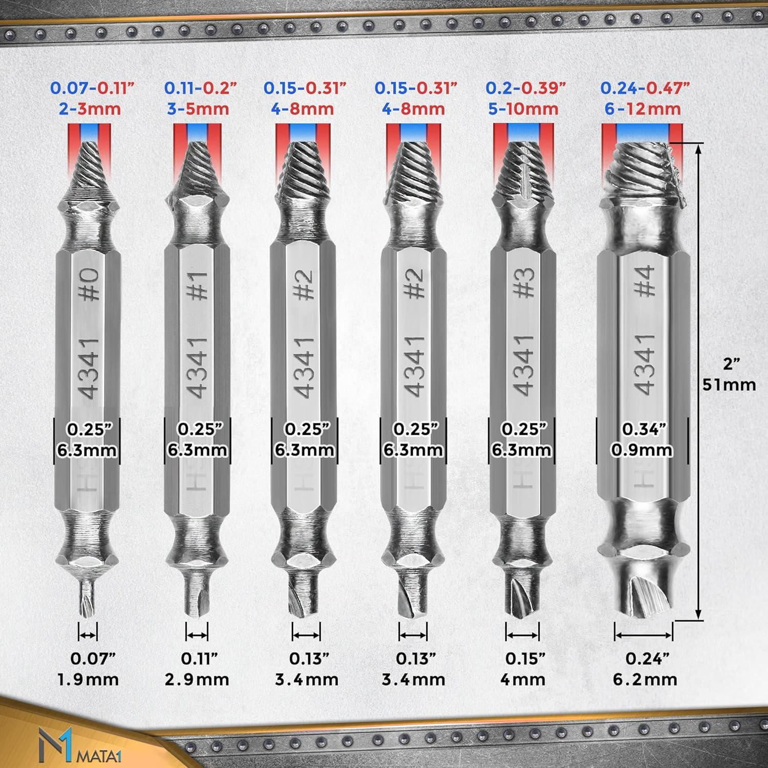 Mata1 Double-Sided Screw Extractor Set (6 pc, Stainless Steel), Stripped Screw Remover Drill Bits Kit w/Case