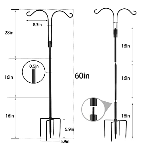 LOLOST 60 Inch Tall Shepherd Hooks with 5-Forked Base, Adjustable Heavy Duty Bird Feeder Pole Stand Hanger, Shepards Hooks for Outdoor Suitable for Light Solar Lantern Mason Jar Wedding,2 Pack