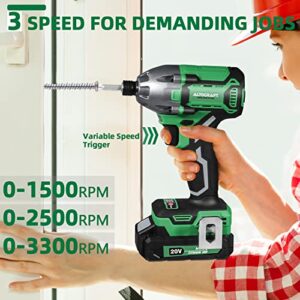 ALTOCRAFT Brushless Cordless Impact Driver 20V Max,1/4”Compact Power Electric Driver Kit w/3 Variable Speed 3300RPM,2400 IN-LBS,Battery & Fast Charger,10pcs Screwdriver Bits,14pcs Sockets and Tool Bag