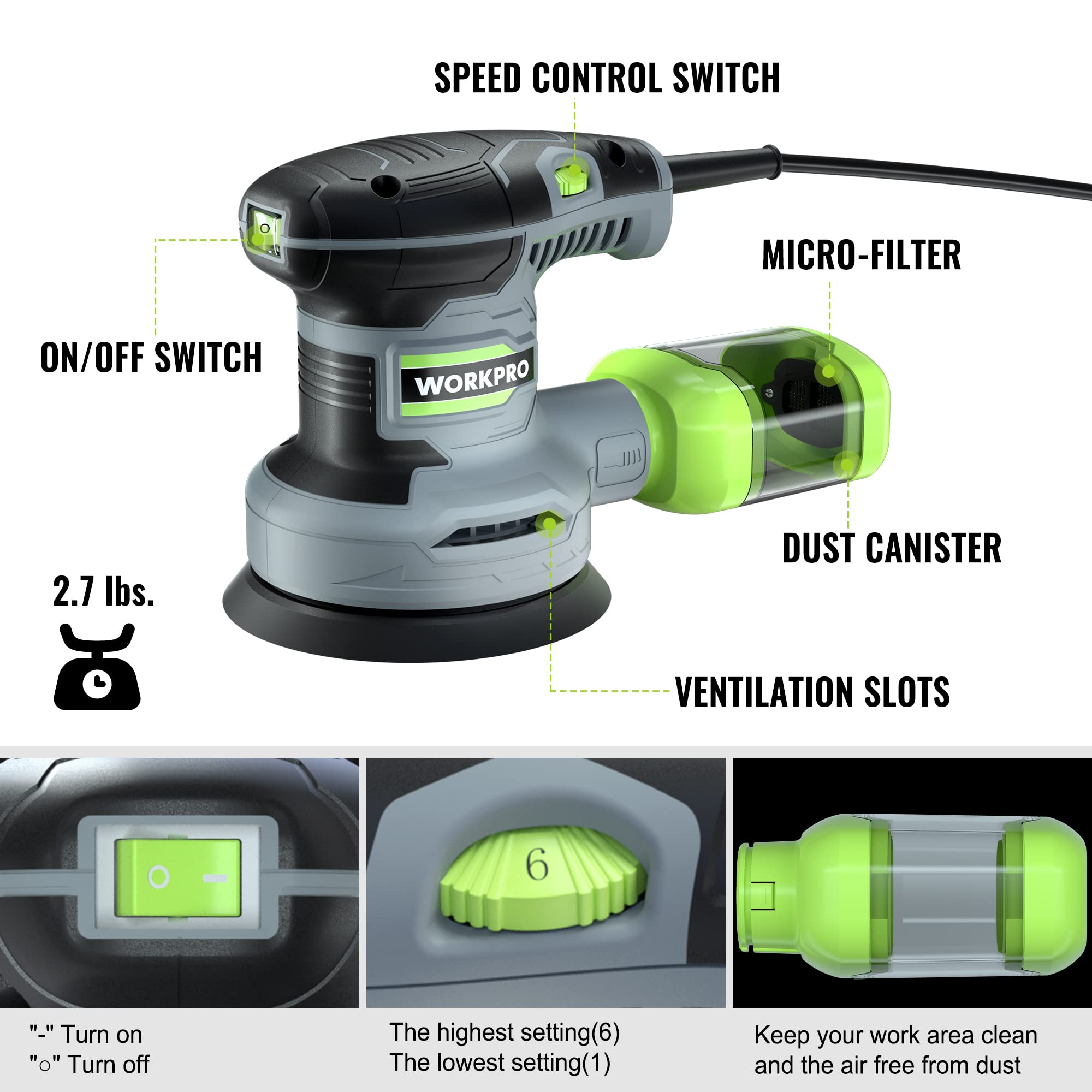 WORKPRO 5-Inch Random Orbit Sander, 6 Variable Speeds 7000 to 14000 RPM, 2.5 Amp Electric Sander for Woodworking with Dust Collector, 15pcs Sandpapers