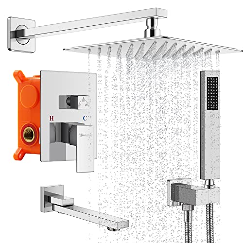 Shower System with Tub Spout, Shower Faucet Set, 10 Inch Bathroom Polished Chrome Square Rain Shower Head with Handheld Spray Wall Mounted Rainfall Shower Fixtures (Contain Tub Spout)