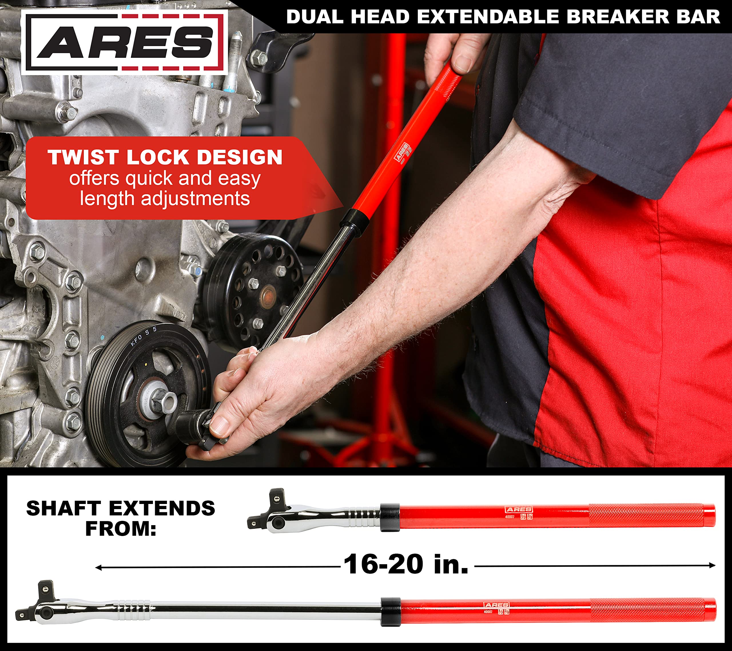 ARES 40007 – 3/8-Inch Drive & 1/2-Inch Drive Dual Head Extendable Red Breaker Bar – 16-Inch to 24-Inch Extendable Length – Easy Use Twist Lock Adjustable Design