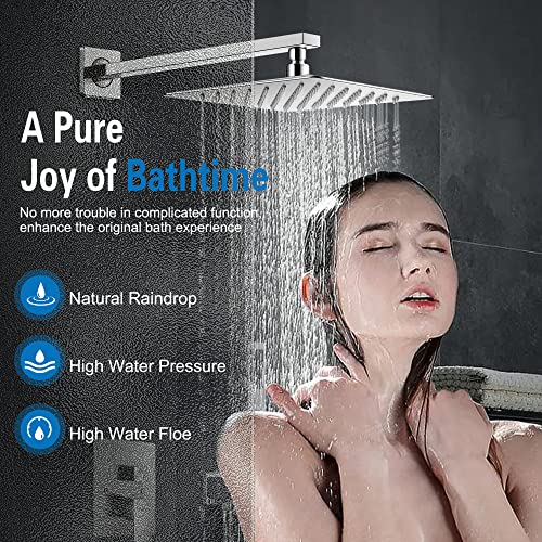 Shower System with Tub Spout, Shower Faucet Set, 10 Inch Bathroom Polished Chrome Square Rain Shower Head with Handheld Spray Wall Mounted Rainfall Shower Fixtures (Contain Tub Spout)