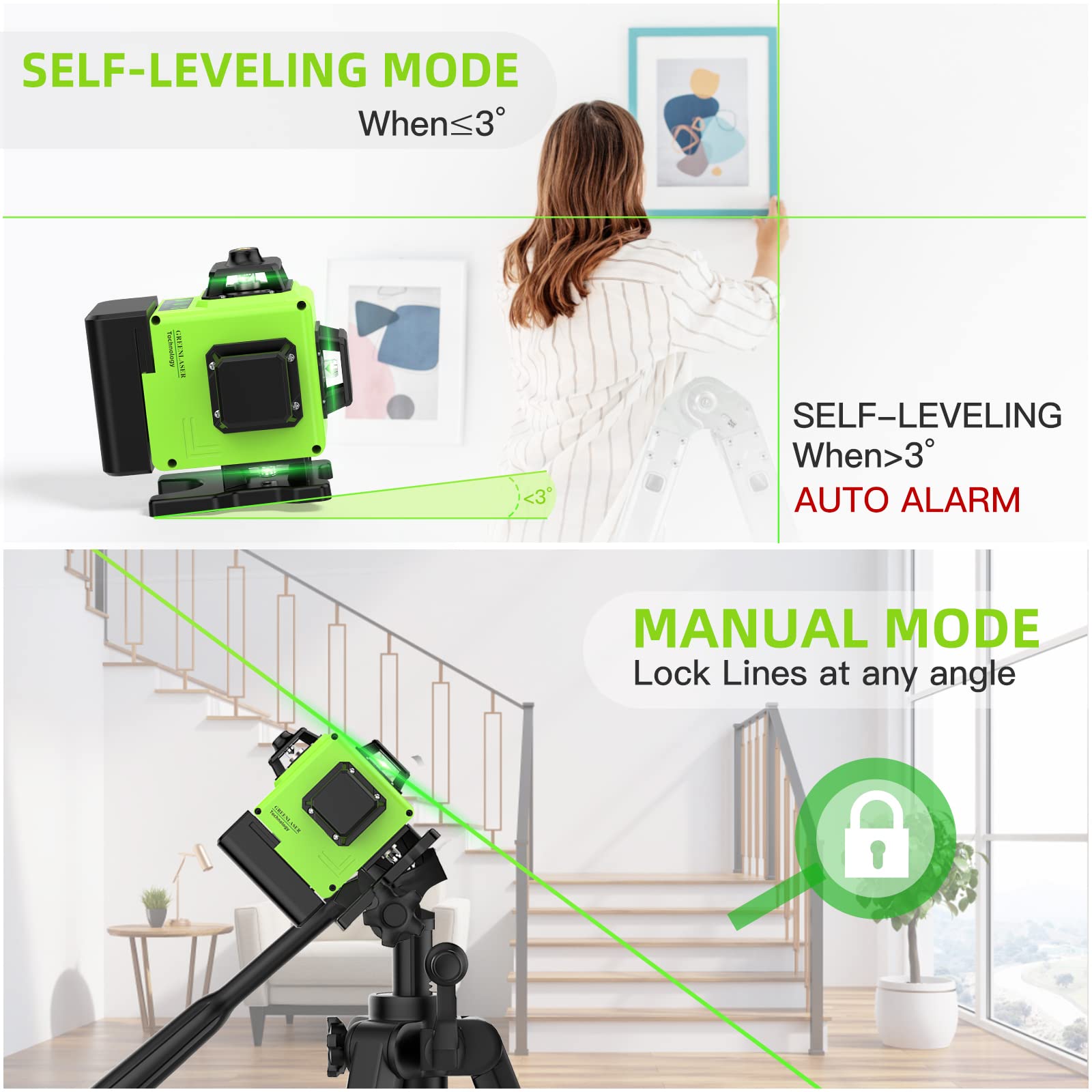 16 Lines Laser Level 360 Self Leveling, 4x360° 4D Green Beam Cross Line Lazer Level with 2 Batteries,360°Horizontal/Vertical Line Laser Remote Control for Tiling Floor Construction and Picture Hanging