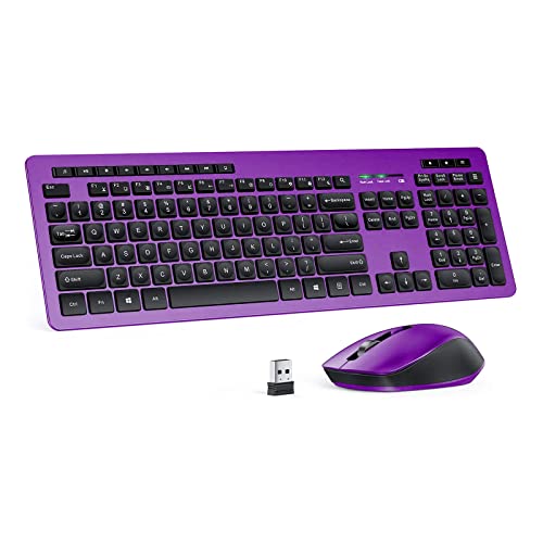 Wireless Keyboard and Mouse Combo, VIVEFOX 2.4GHz Cordless Quiet USB Keyboard Mouse, Full Size Ergonomic Keyboard Mouse with 14 Multimedia Hotkeys for Windows Laptop Computer Desktop, Purple