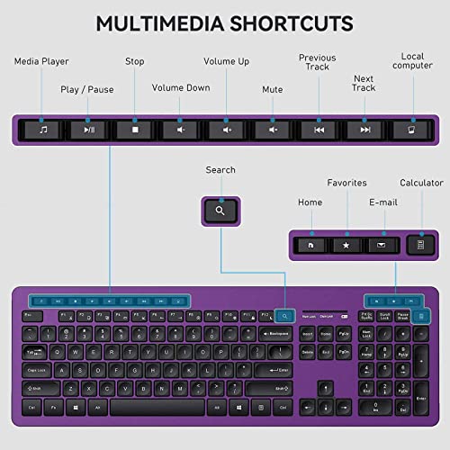 Wireless Keyboard and Mouse Combo, VIVEFOX 2.4GHz Cordless Quiet USB Keyboard Mouse, Full Size Ergonomic Keyboard Mouse with 14 Multimedia Hotkeys for Windows Laptop Computer Desktop, Purple