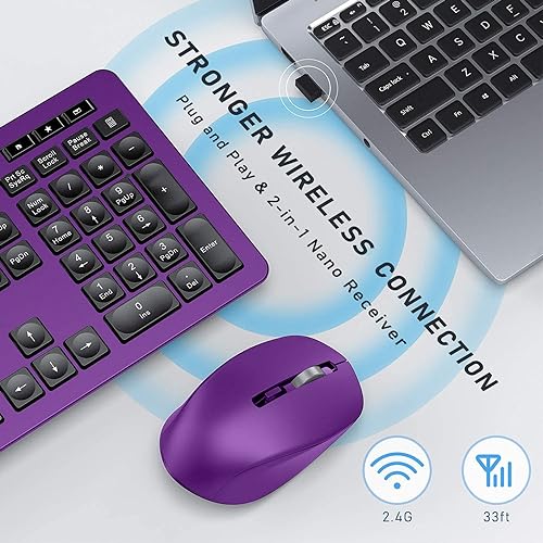 Wireless Keyboard and Mouse Combo, VIVEFOX 2.4GHz Cordless Quiet USB Keyboard Mouse, Full Size Ergonomic Keyboard Mouse with 14 Multimedia Hotkeys for Windows Laptop Computer Desktop, Purple