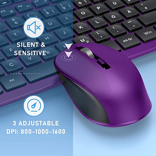 Wireless Keyboard and Mouse Combo, VIVEFOX 2.4GHz Cordless Quiet USB Keyboard Mouse, Full Size Ergonomic Keyboard Mouse with 14 Multimedia Hotkeys for Windows Laptop Computer Desktop, Purple