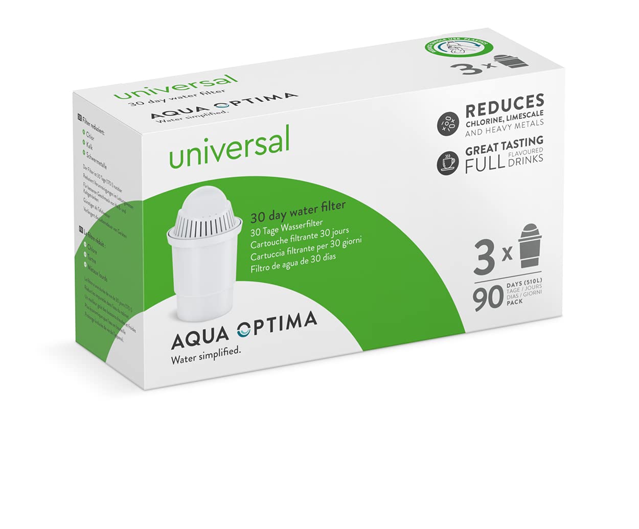 Aqua Optima Water Filter Cartridges, Classic Style - 3 Pack (3 Months Supply), Compatible with Brita Classic, White