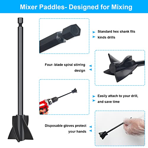 Paint Mixer for Drill, Boyistar 6 Pcs Reusable Epoxy and Resin Mixer Attachment Paddle to Mix Epoxy Resin, Paint, Ceramic Glaze for Reduce Bubbles with 10 Disposable Gloves