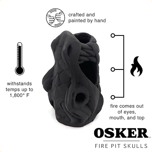 OSKER Dragon | Ceramic Fireproof Fire Pit Skull Log for Bonfire, Campfire, Fireplace, Firepit | Halloween Decor | for Gas, Propane, or Wood Fires - Black