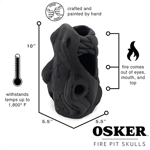 OSKER Dragon | Ceramic Fireproof Fire Pit Skull Log for Bonfire, Campfire, Fireplace, Firepit | Halloween Decor | for Gas, Propane, or Wood Fires - Black