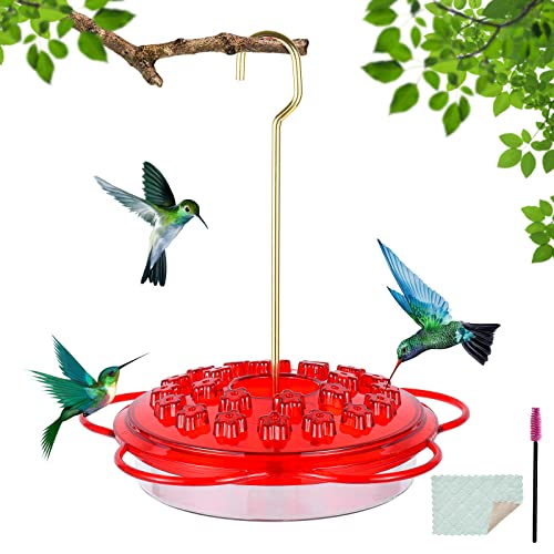 Hummingbird Feeder for Outdoors Hanging, 24 Feeding Ports, Leak-Proof, Easy to Clean and Refill, Saucer Hummer Birder Feeder with Cleaner Brush and Cloth (Red)