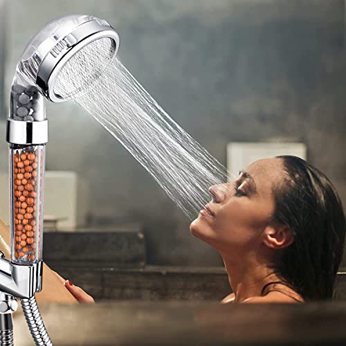 AmasSmile® High Pressure Shower Head with Hose and Bracket, Ionic Filter Filtration Turbo Vortex Water Saving 3 Mode Function Spray Turbocharged Hydro Jet Handheld Showerheads for Dry Skin & Hair（Red）