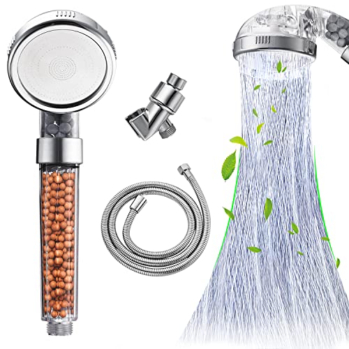 AmasSmile® High Pressure Shower Head with Hose and Bracket, Ionic Filter Filtration Turbo Vortex Water Saving 3 Mode Function Spray Turbocharged Hydro Jet Handheld Showerheads for Dry Skin & Hair（Red）