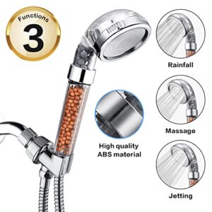 AmasSmile® High Pressure Shower Head with Hose and Bracket, Ionic Filter Filtration Turbo Vortex Water Saving 3 Mode Function Spray Turbocharged Hydro Jet Handheld Showerheads for Dry Skin & Hair（Red）