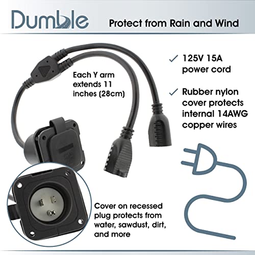 Dumble 3 Prong Y Splitter Cable Power Extension Cord - 15 AMP Flanged Inlet 2 Way Extension Cord Splitter for RV Install