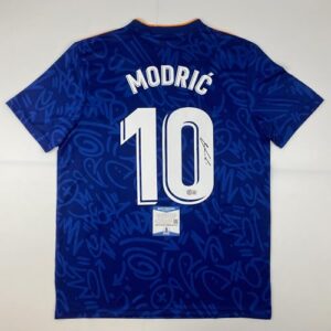 autographed/signed luka modric real madrid blue soccer jersey beckett bas coa