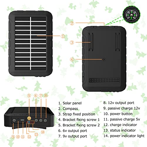 VANBAR Trail Camera Solar Panel, Solar Battery Charger Kit 6V 9V 12V with Compass, 4000mAH Rechargeable Battery IP66 360 Hunting Accessory Deer Feeder