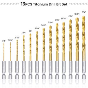 TICONN 13 PCS Titanium Coated Drill Bit Set with Hex Shank, 135 Degree Tip High Speed Steel Drill Bits Kit for Steel, Aluminum, Copper, Soft Alloy Steel Size from 1/16" to 1/4"