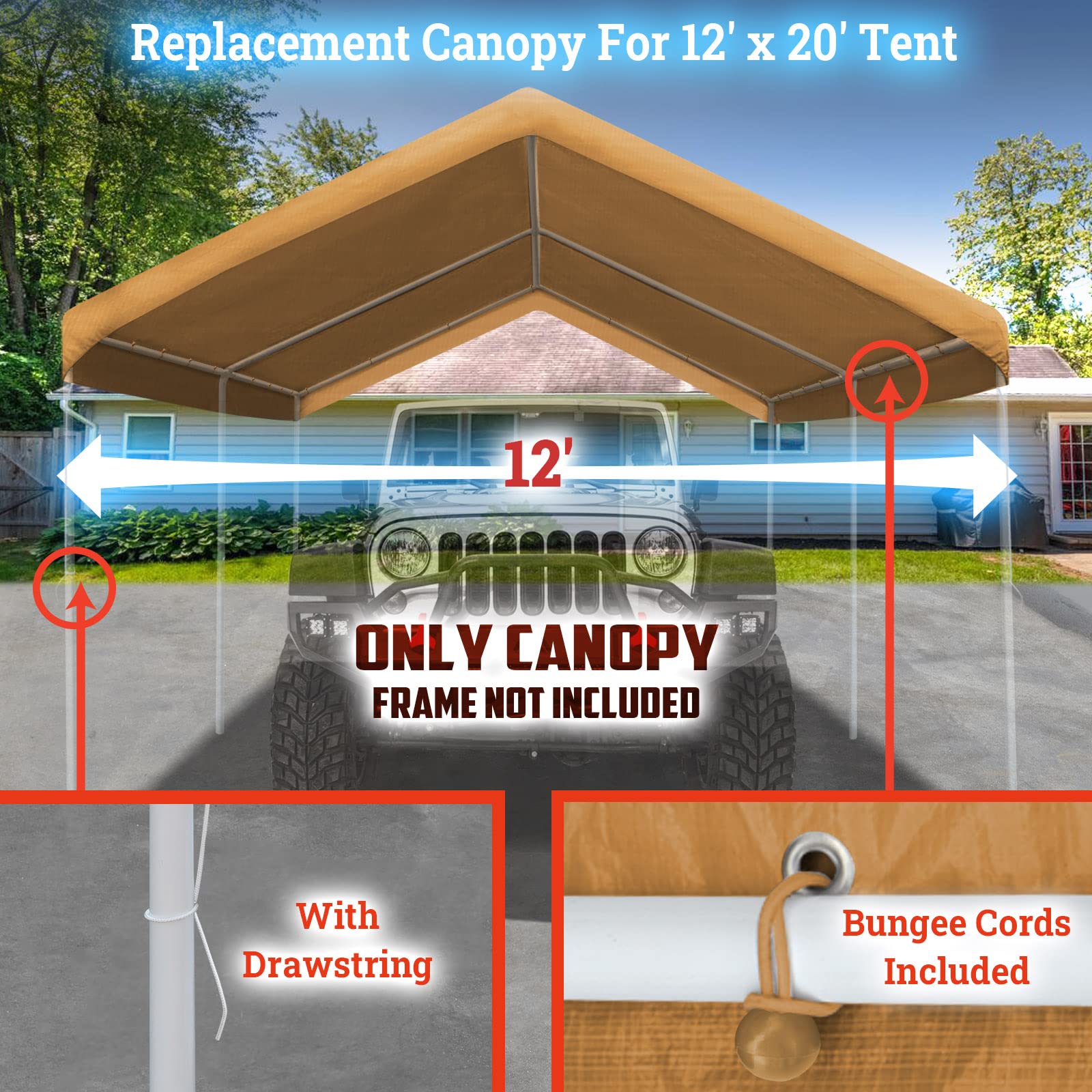 BenefitUSA 12'x20' Carport Canopy ONLY Tent Garage Replacement Top Tarp Car Shelter Cover w/Ball Bungees(TAN)