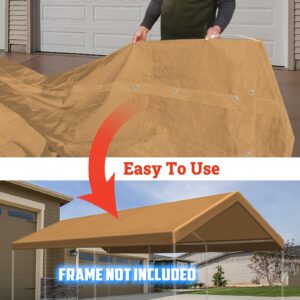 BenefitUSA 12'x20' Carport Canopy ONLY Tent Garage Replacement Top Tarp Car Shelter Cover w/Ball Bungees(TAN)