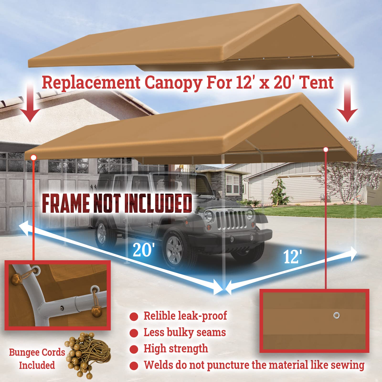 BenefitUSA 12'x20' Carport Canopy ONLY Tent Garage Replacement Top Tarp Car Shelter Cover w/Ball Bungees(TAN)