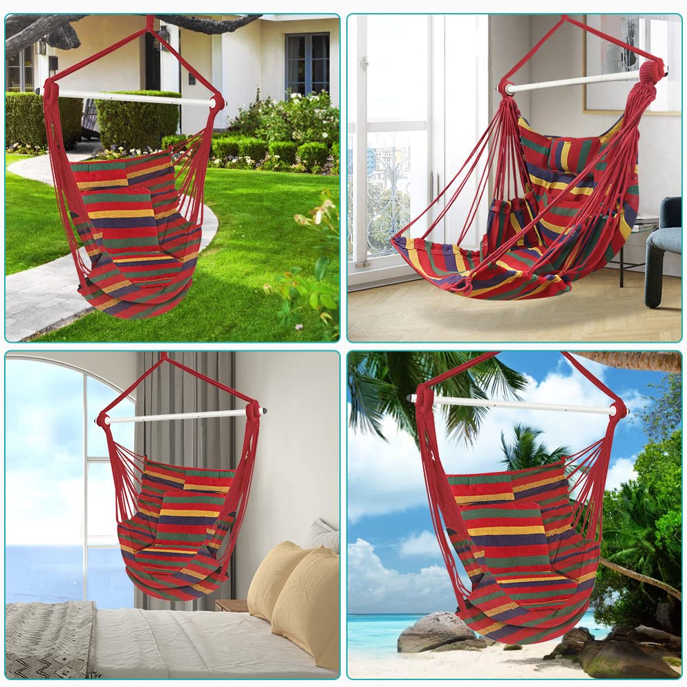 Outerman Hammock Chair, Hanging Chair with 3 Cushions and Foot Rest Support, Durable Metal Spreader Bar Max 440 Lbs, Swing Chair for Bedroom, Indoor & Outdoor, Patio, Porch or Tree（Red）