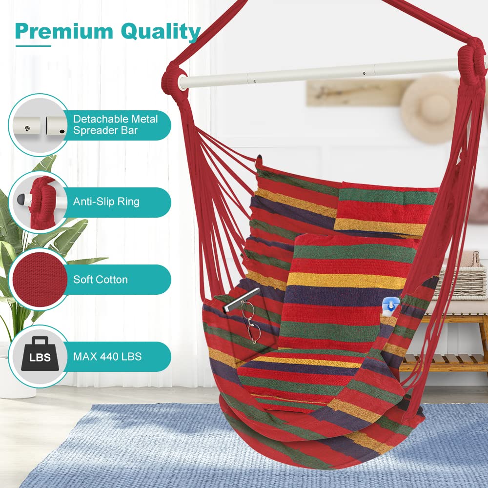 Outerman Hammock Chair, Hanging Chair with 3 Cushions and Foot Rest Support, Durable Metal Spreader Bar Max 440 Lbs, Swing Chair for Bedroom, Indoor & Outdoor, Patio, Porch or Tree（Red）