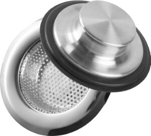 (combo pack) stainless steel kitchen sink strainer and stopper - 4.5” x 2.75” x 1” strainer and 3.35” x 1.18” stopper- strainer with 2 mm holes and stopper with strong rubber seal and round knob grip