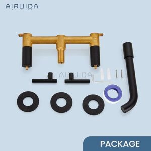 Airuida Matte Black Wall Mounted Widespread Bathroom Sink Faucet Wall Mount Lavatory Faucet Vanity Sink Mixer Tap 2 Handles 3 Holes 360 Swivel Spout with Brass Rough in Valve