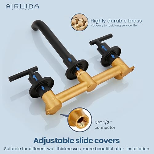 Airuida Matte Black Wall Mounted Widespread Bathroom Sink Faucet Wall Mount Lavatory Faucet Vanity Sink Mixer Tap 2 Handles 3 Holes 360 Swivel Spout with Brass Rough in Valve