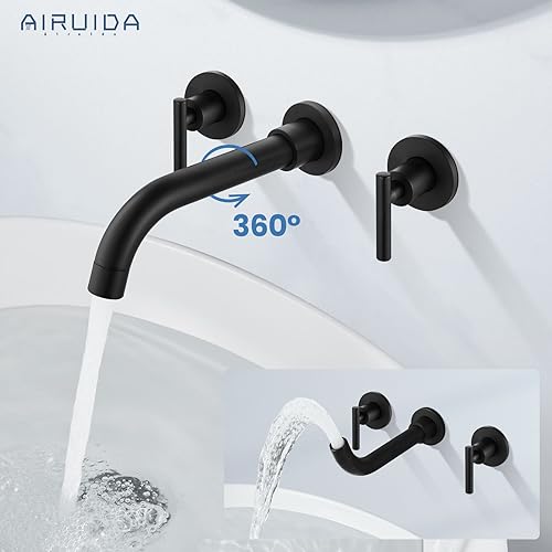 Airuida Matte Black Wall Mounted Widespread Bathroom Sink Faucet Wall Mount Lavatory Faucet Vanity Sink Mixer Tap 2 Handles 3 Holes 360 Swivel Spout with Brass Rough in Valve