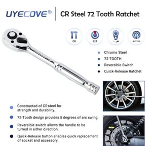 UYECOVE Long Ratchet Wrench Set, 1/4", 3/8", 1/2" Drive Long Handle Ratchet 3pcs Set, 72-Tooth Reversible Quick-Release, CR Steel and CR-MO Head, with EVA Storage Tray