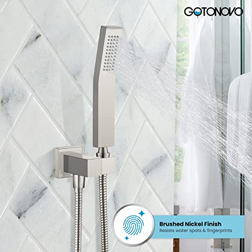 gotonovo Wall Mount High Pressure Brushed Nickel Square Hand Held Shower with Wall Connector and Solid Brass Hose Set