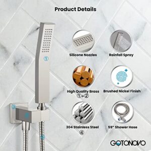 gotonovo Wall Mount High Pressure Brushed Nickel Square Hand Held Shower with Wall Connector and Solid Brass Hose Set