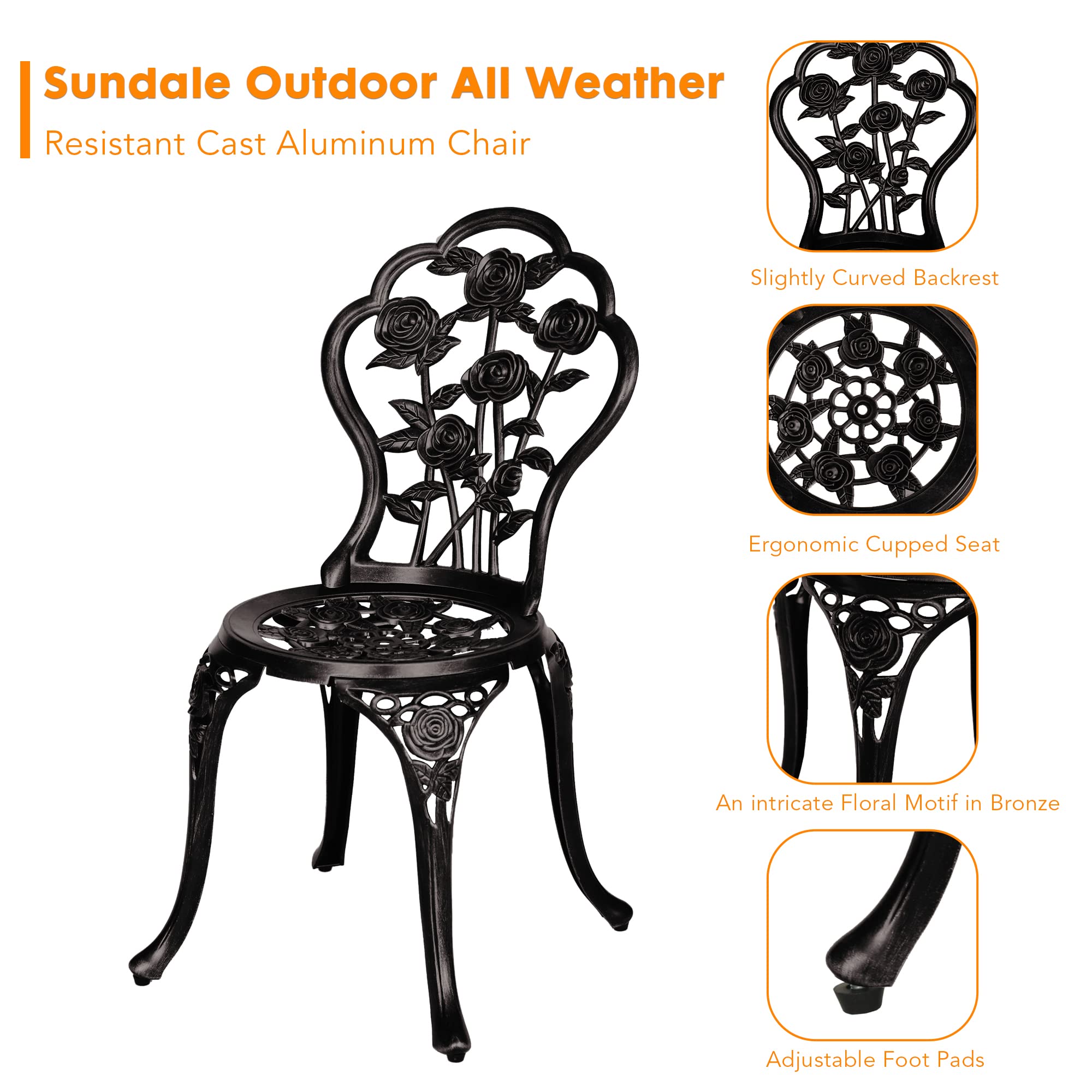 Sundale Outdoor Cast Aluminum Bistro Set of 4, Patio Conversation Set with Umbrella Hole for Balcony All Weather Resistant Antique Finish Patio Porch Yard Black Rose