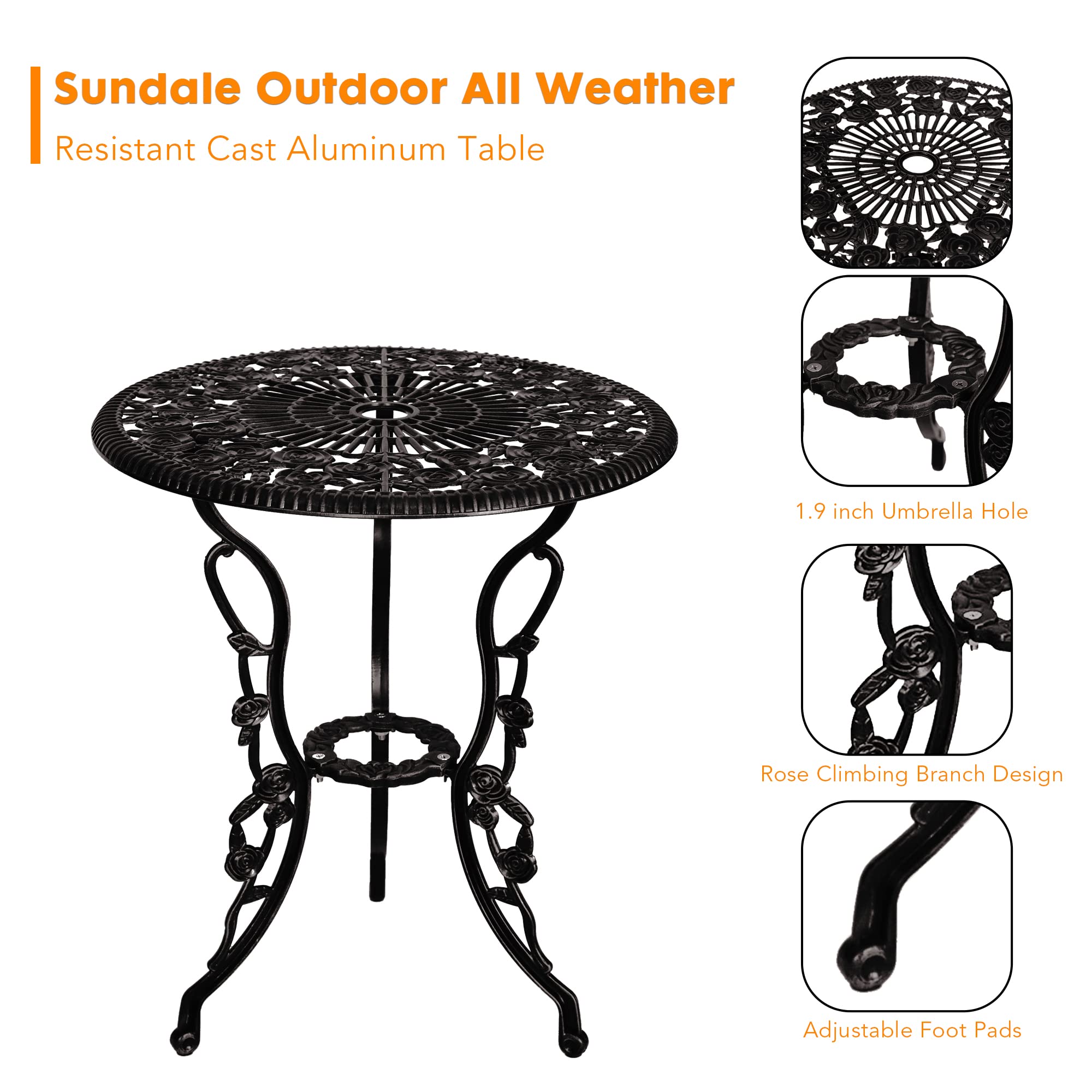 Sundale Outdoor Cast Aluminum Bistro Set of 4, Patio Conversation Set with Umbrella Hole for Balcony All Weather Resistant Antique Finish Patio Porch Yard Black Rose