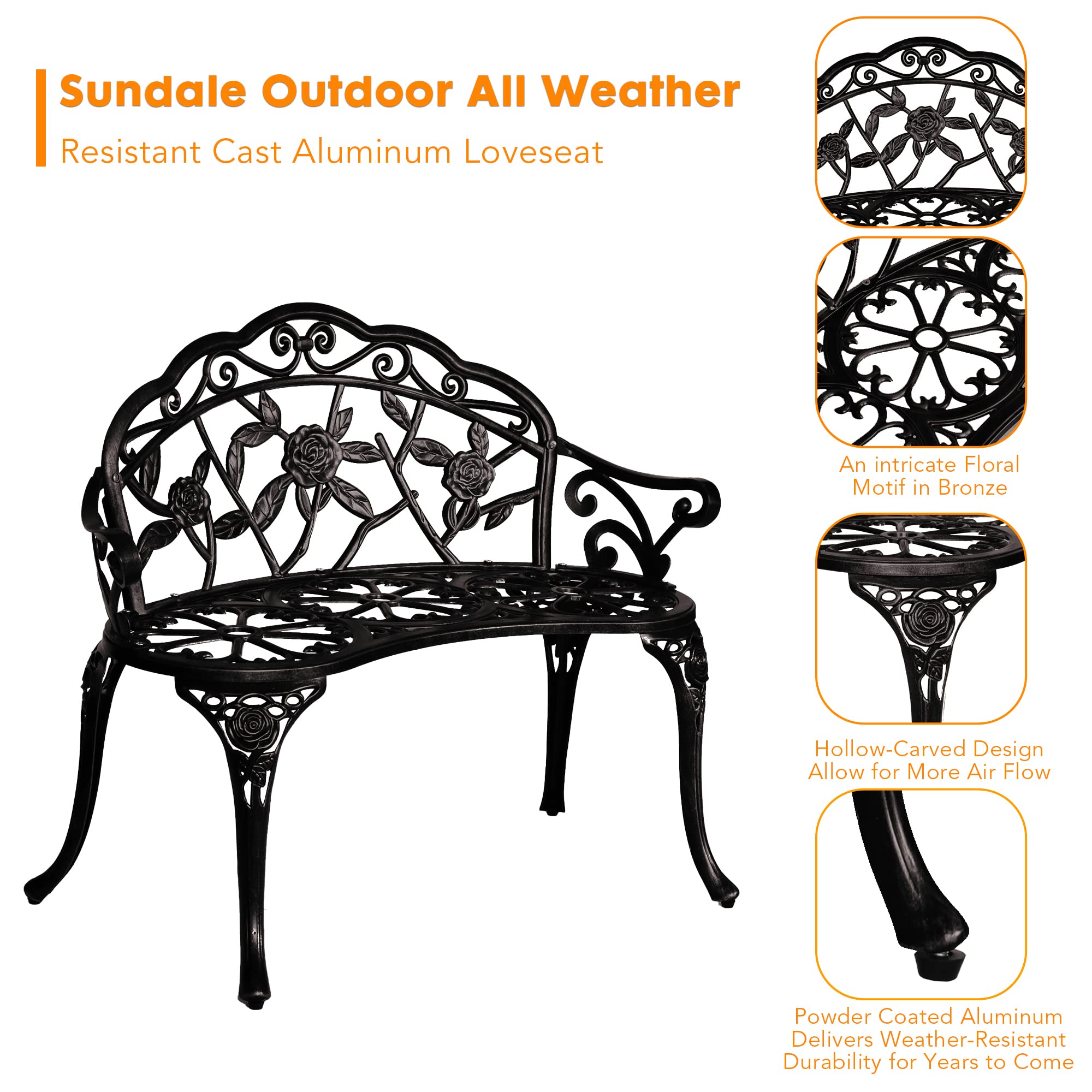 Sundale Outdoor Cast Aluminum Bistro Set of 4, Patio Conversation Set with Umbrella Hole for Balcony All Weather Resistant Antique Finish Patio Porch Yard Black Rose