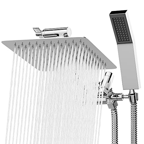 All Metal Shower Head 8" Dual Square Shower Head With Handheld Wand 71in Hose Set, High Pressure Rain Shower Heads Combo, 3-Way Diverter Rainfall Showerhead with Adjustable Extension Arm