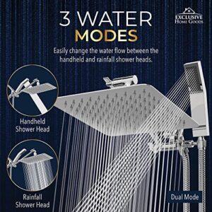 All Metal Shower Head 8" Dual Square Shower Head With Handheld Wand 71in Hose Set, High Pressure Rain Shower Heads Combo, 3-Way Diverter Rainfall Showerhead with Adjustable Extension Arm