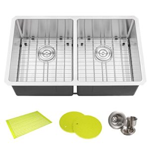 cozyblock 32 in. x 19 in. x 10 in. 16-gauge stainless steel undermount 50/50 double bowl kitchen sink with bottom grid, silicon dishrack, pot mat and strainer