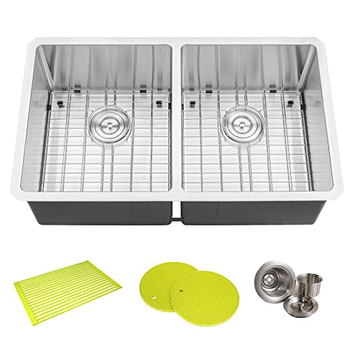 CozyBlock 32 in. x 19 in. x 10 in. 16-Gauge Stainless Steel Undermount 50/50 Double Bowl Kitchen Sink with Bottom Grid, Silicon Dishrack, Pot Mat and Strainer