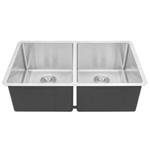 CozyBlock 32 in. x 19 in. x 10 in. 16-Gauge Stainless Steel Undermount 50/50 Double Bowl Kitchen Sink with Bottom Grid, Silicon Dishrack, Pot Mat and Strainer